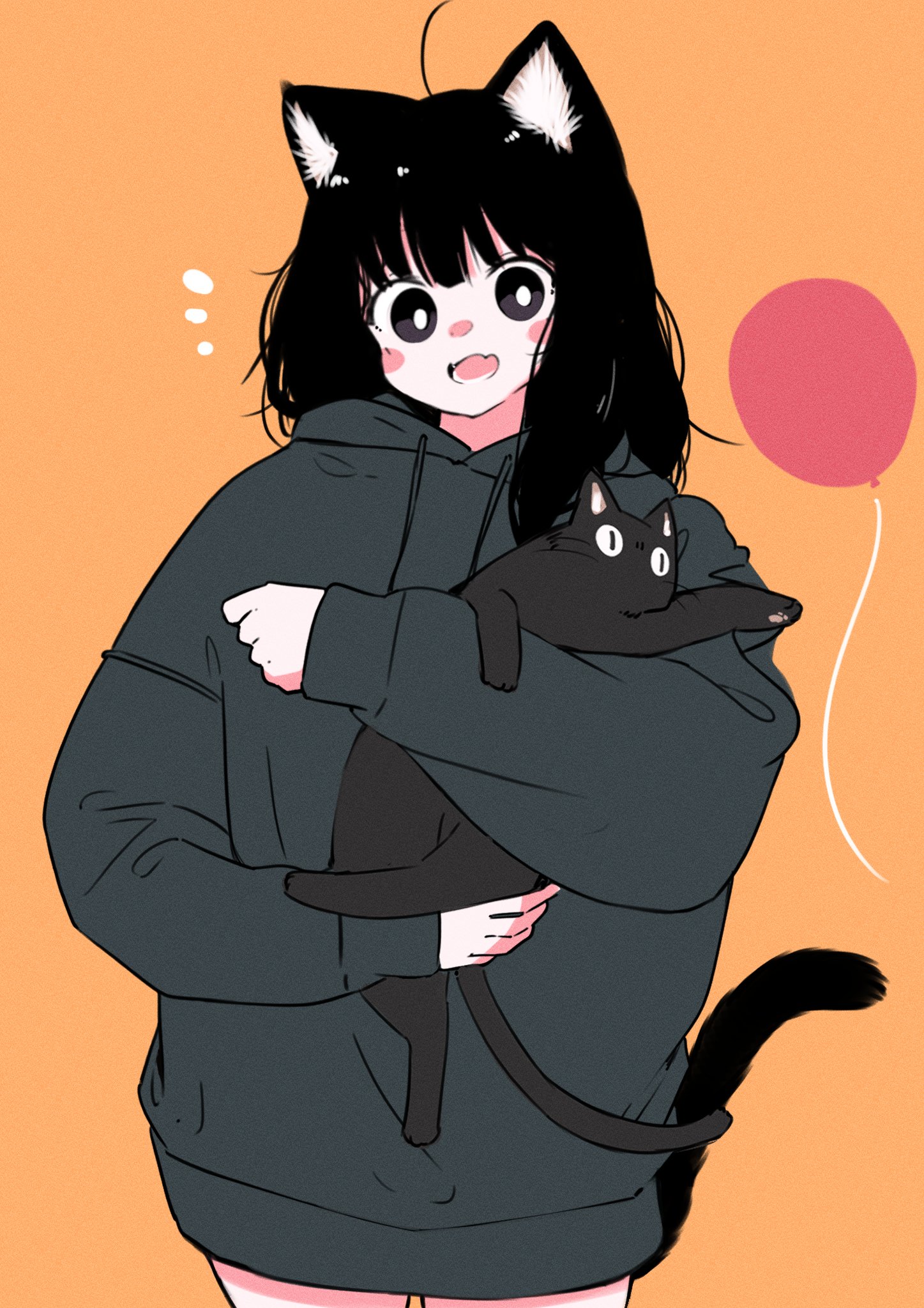 The Big ImageBoard (TBIB) - 1girl ahoge animal animal ear fluff animal ears balloon black cat ...