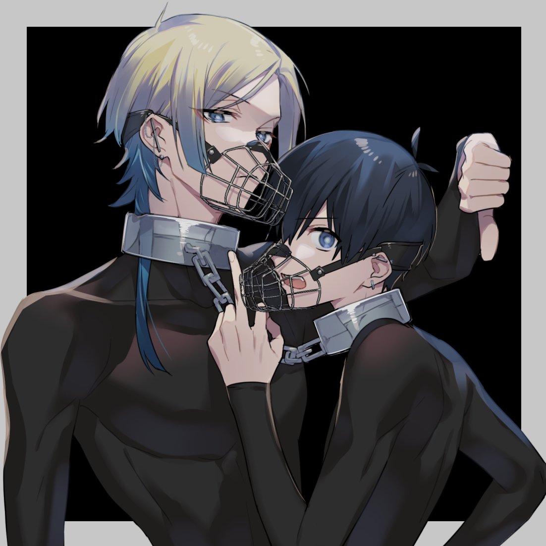 The Big ImageBoard (TBIB) - 2boys black background black hair blue eyes ...