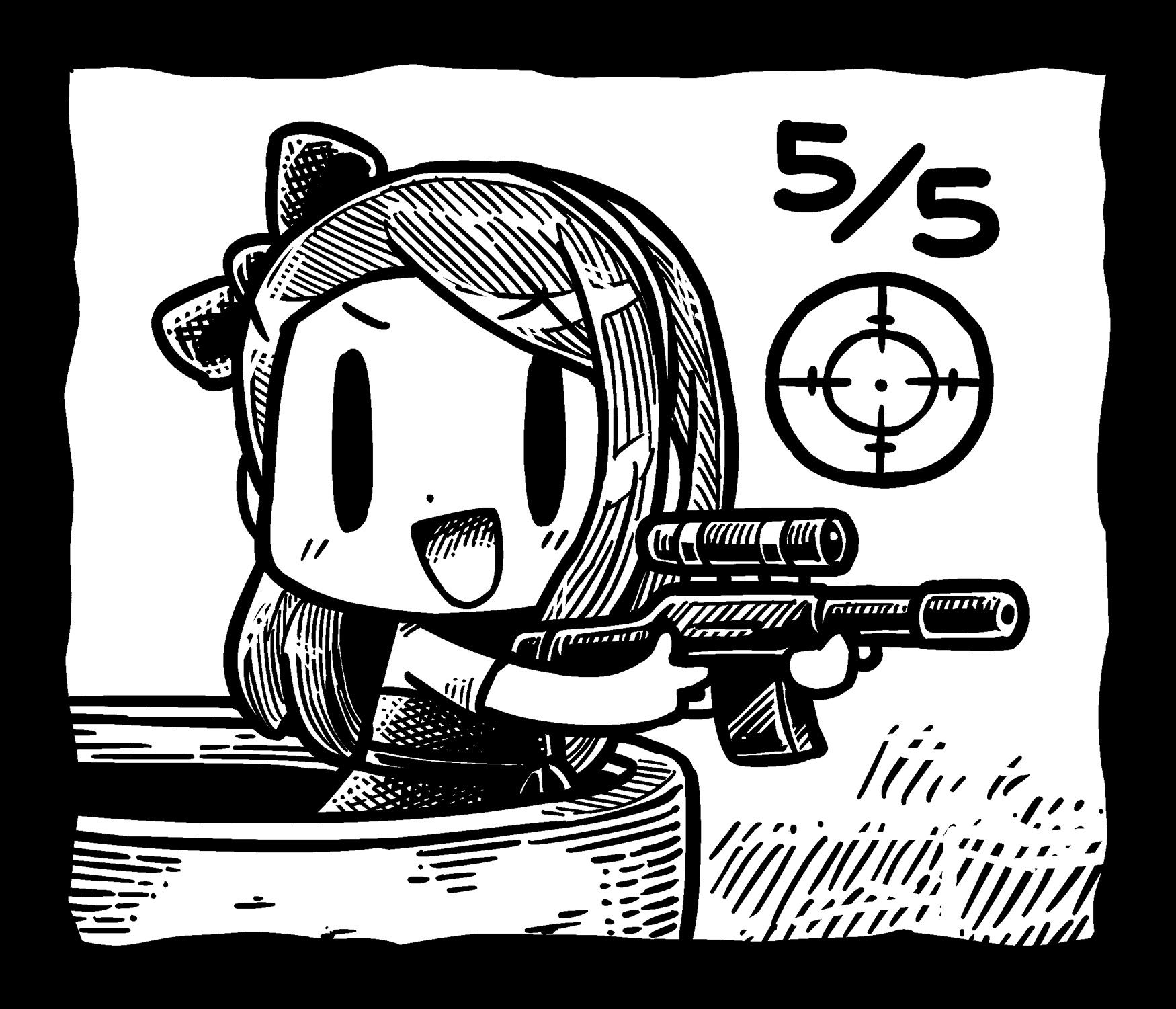 The Big ImageBoard (TBIB) - 1girl blush bow chibi commentary request crosshair dated greyscale ...