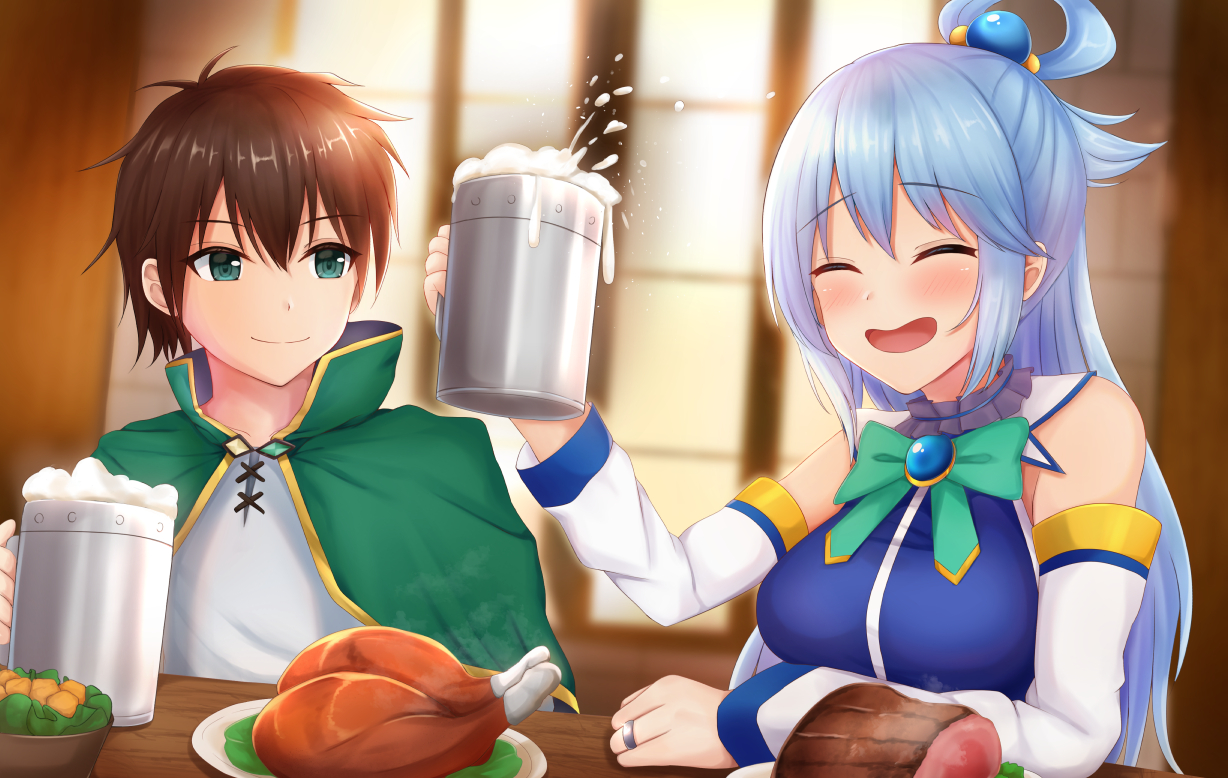 The Big ImageBoard (TBIB) - 1boy 1girl alcohol aqua (konosuba) beer blue dress blue hair blush ...