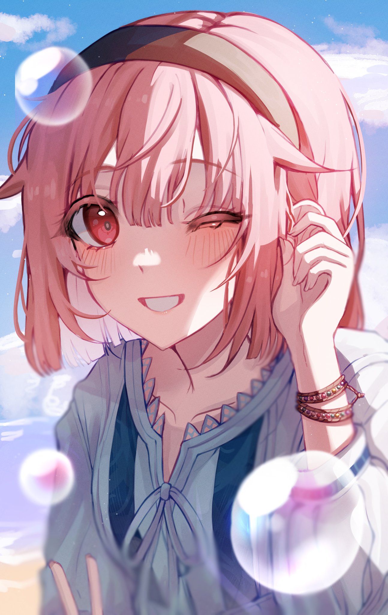 The Big ImageBoard (TBIB) - 1girl blush bob cut bracelet bubble commentary hat headband highres ...