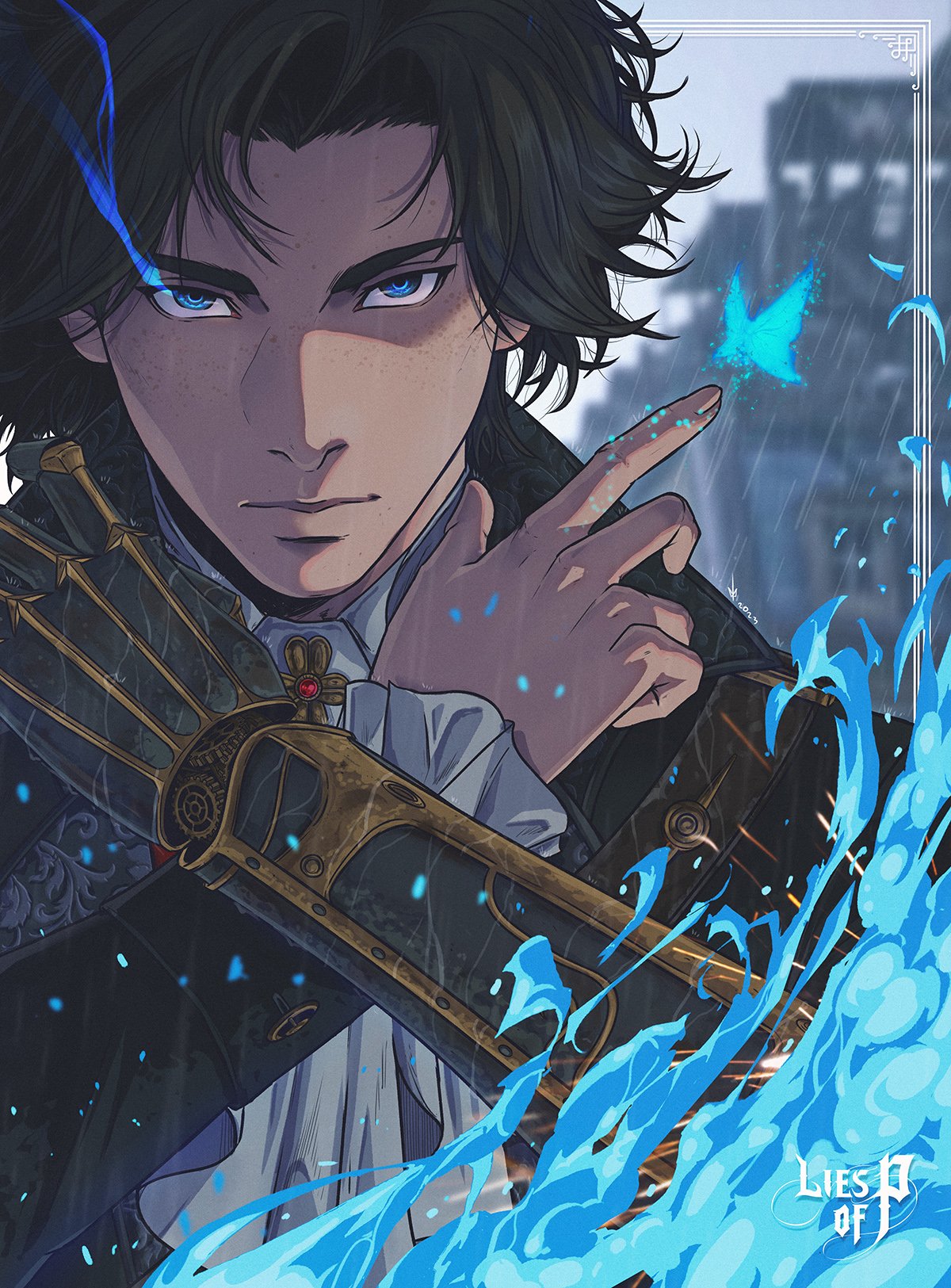 The Big ImageBoard (TBIB) - 1boy ascot black hair black jacket blue butterfly blue eyes blue ...