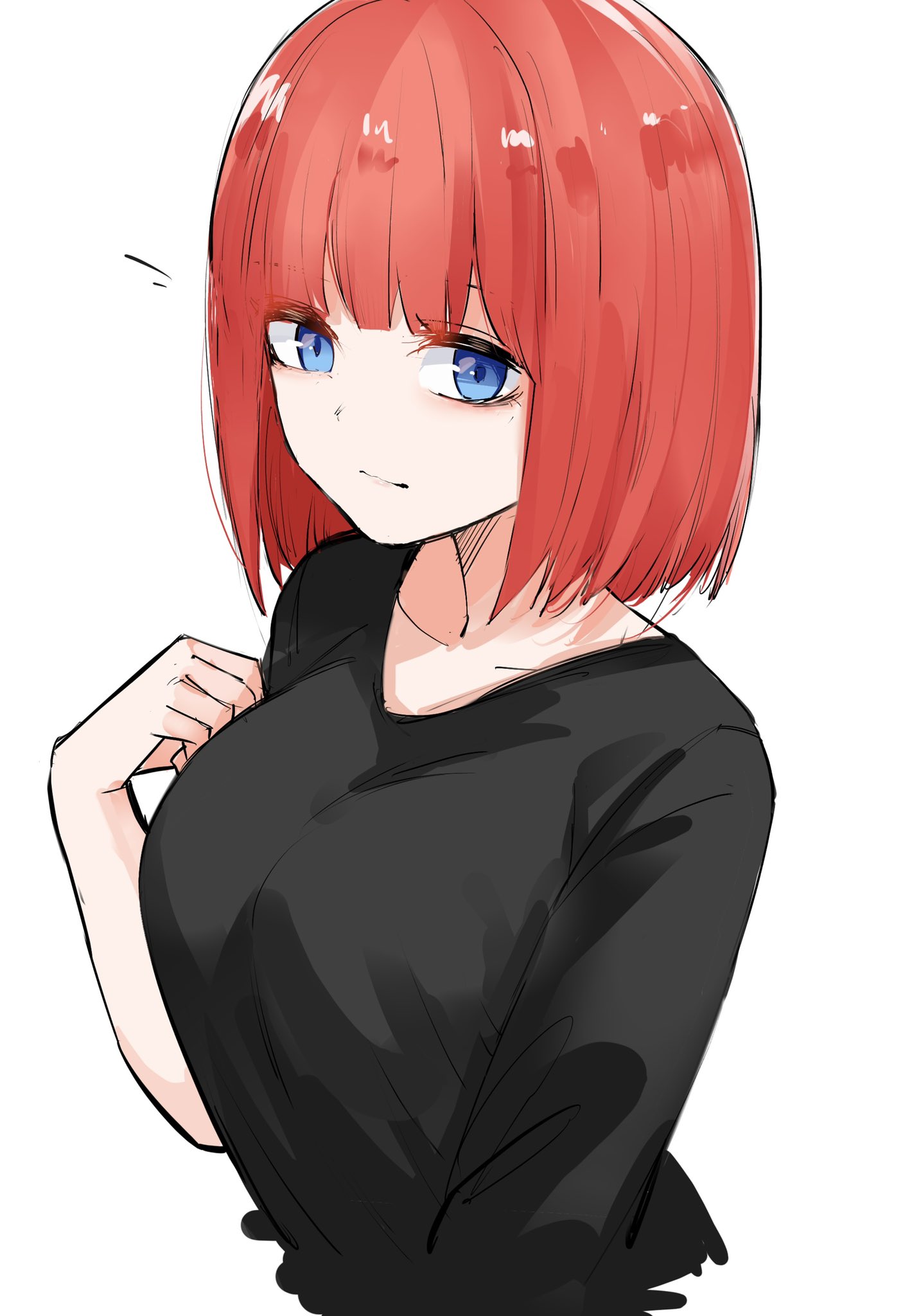 The Big ImageBoard (TBIB) - 1girl black shirt blue eyes blunt bangs breasts closed mouth ...