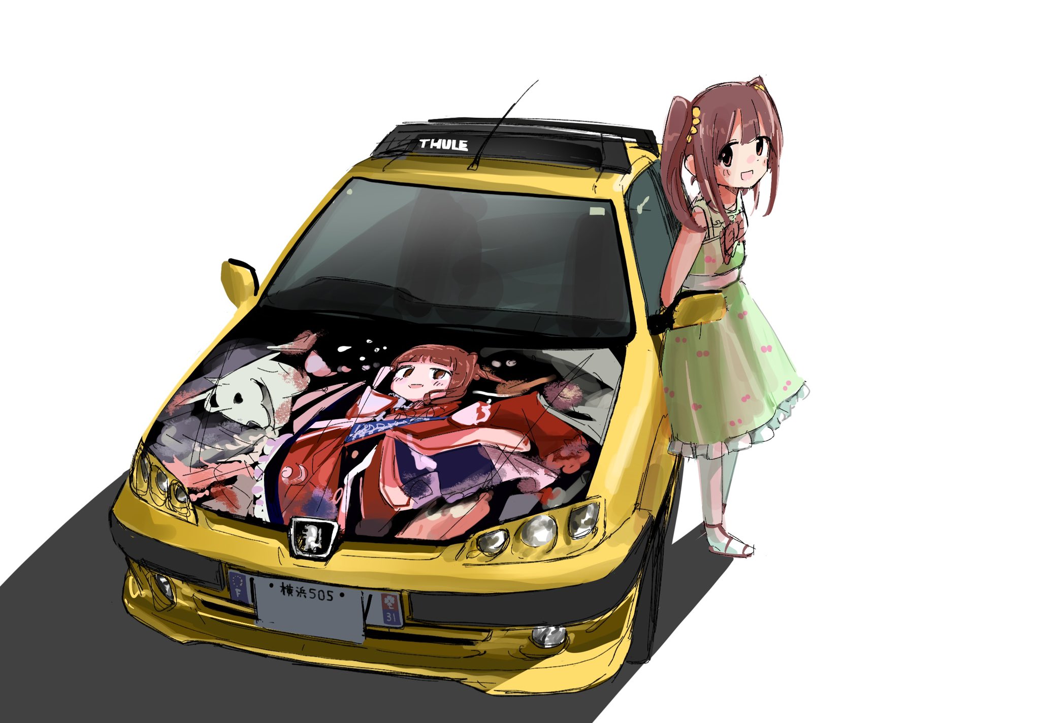 The Big ImageBoard (TBIB) - 1girl blush bow brown eyes brown hair car dress flat chest green ...