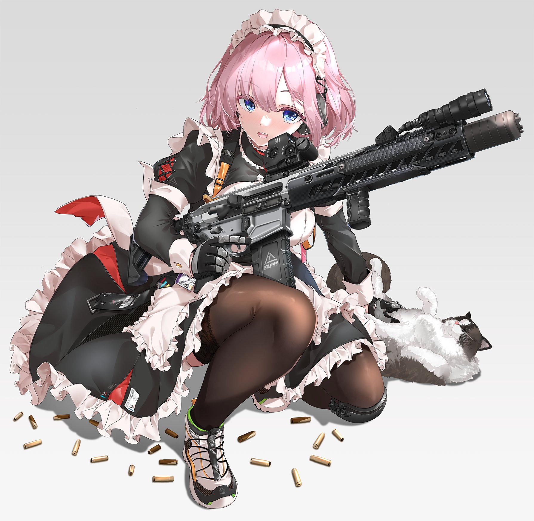 The Big ImageBoard (TBIB) - 1girl apron assault rifle black dress black pantyhose blue eyes cat ...