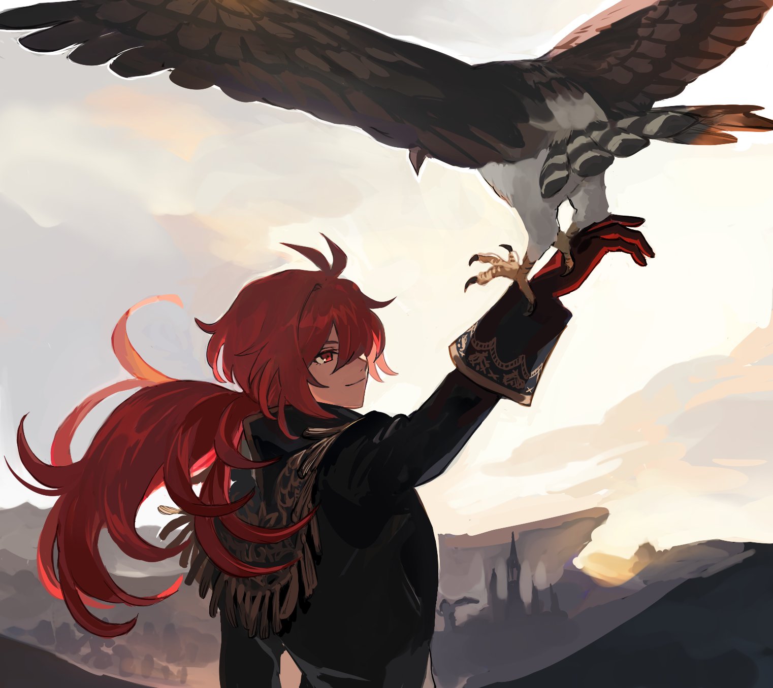 The Big ImageBoard (TBIB) - 1boy animal bird black coat castle closed mouth cloud coat diluc ...