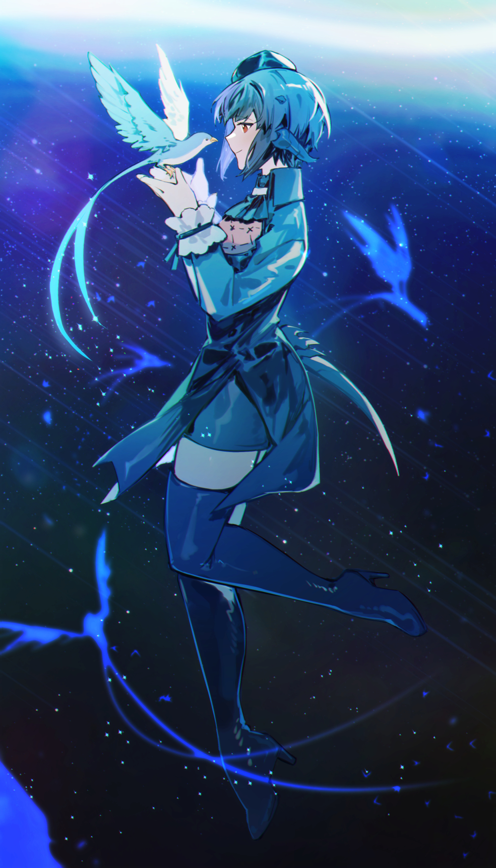 The Big ImageBoard (TBIB) - 1girl ascot au ra beret bird bird on hand black headwear blue ascot ...