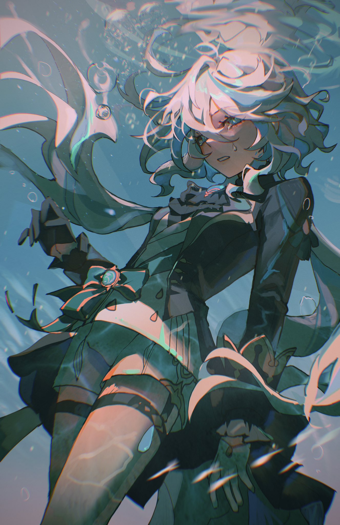 The Big ImageBoard (TBIB) - 1girl ahoge air bubble ascot black gloves blue ascot blue bow blue ...