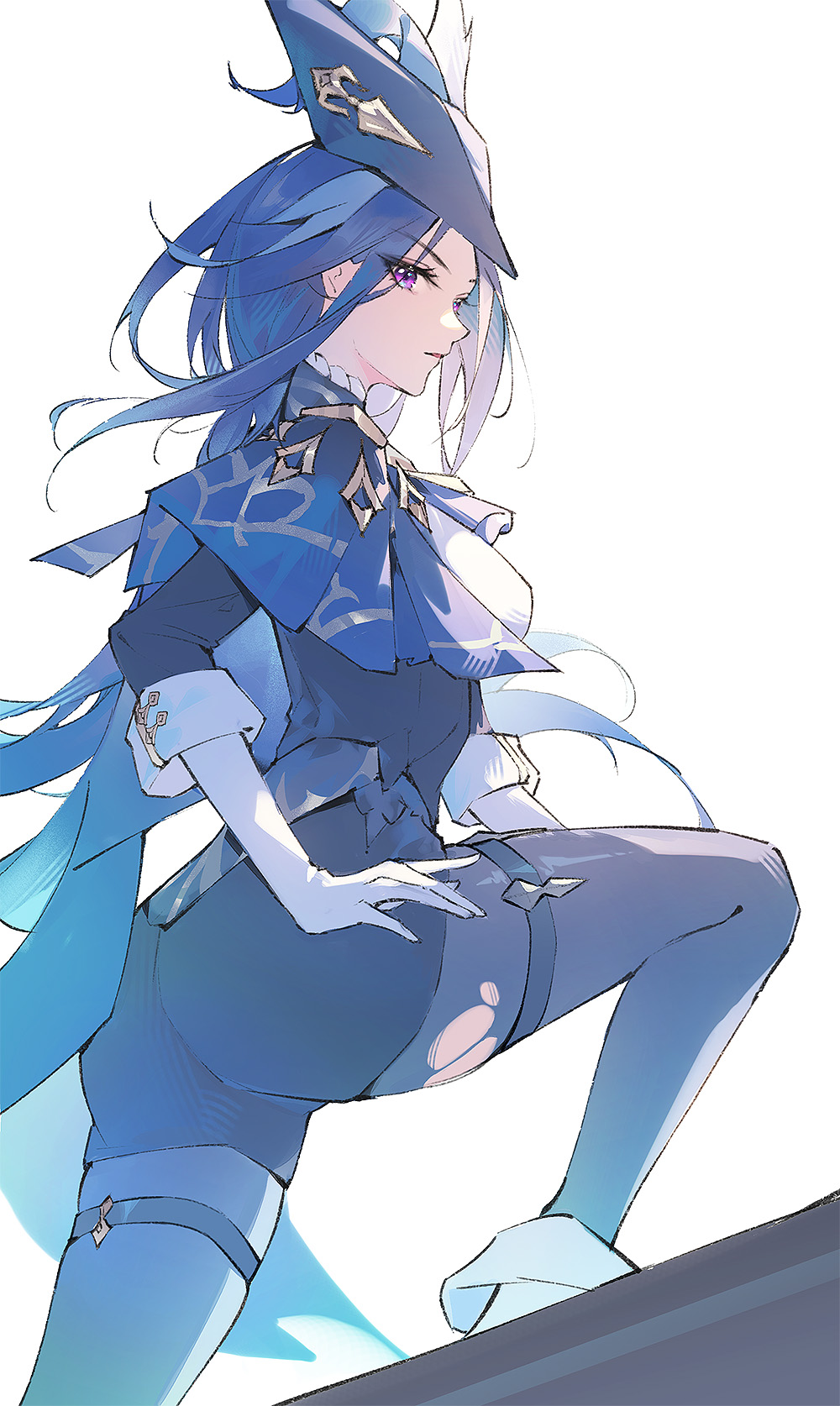 The Big ImageBoard (TBIB) - 1girl blue cape blue hair blue headwear blue pantyhose blue shorts ...