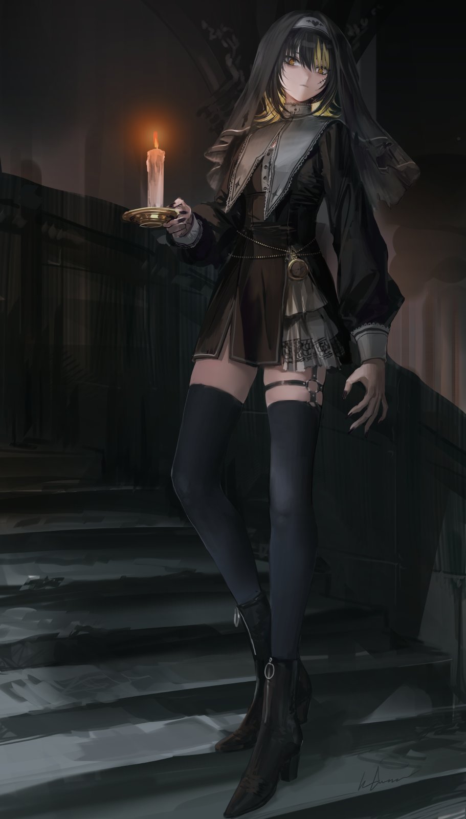 The Big ImageBoard (TBIB) - 1girl black footwear black hair black thighhighs blonde hair candle ...