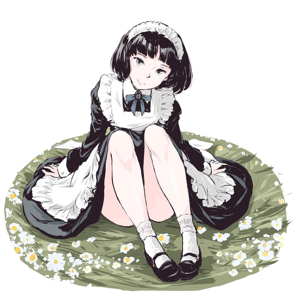 The Big ImageBoard (TBIB) - 1girl apron black dress black footwear black hair blue bow blue ...