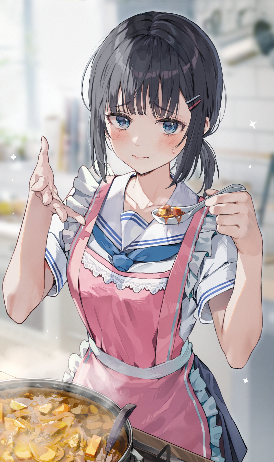The Big Imageboard Tbib 1girl Apron Black Hair Black Skirt Blue