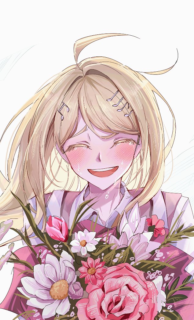 The Big ImageBoard (TBIB) - 1girl :d ahoge akamatsu kaede backpack bag blush bouquet closed eyes ...