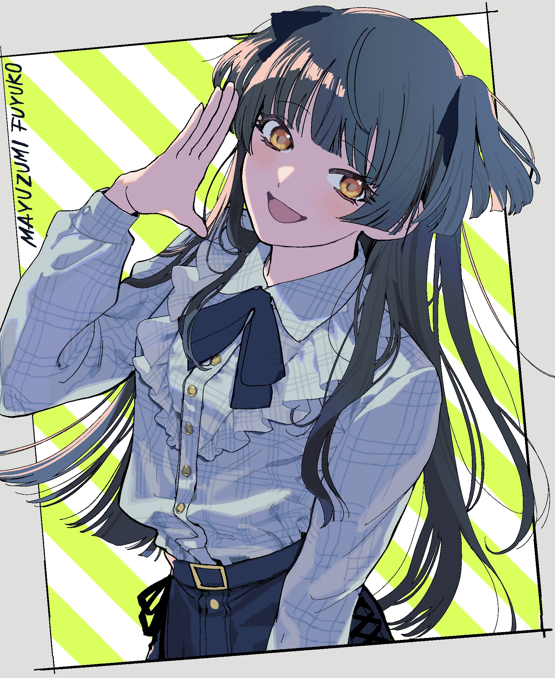 The Big ImageBoard (TBIB) - 1girl blue bow blue skirt blush border bow ...