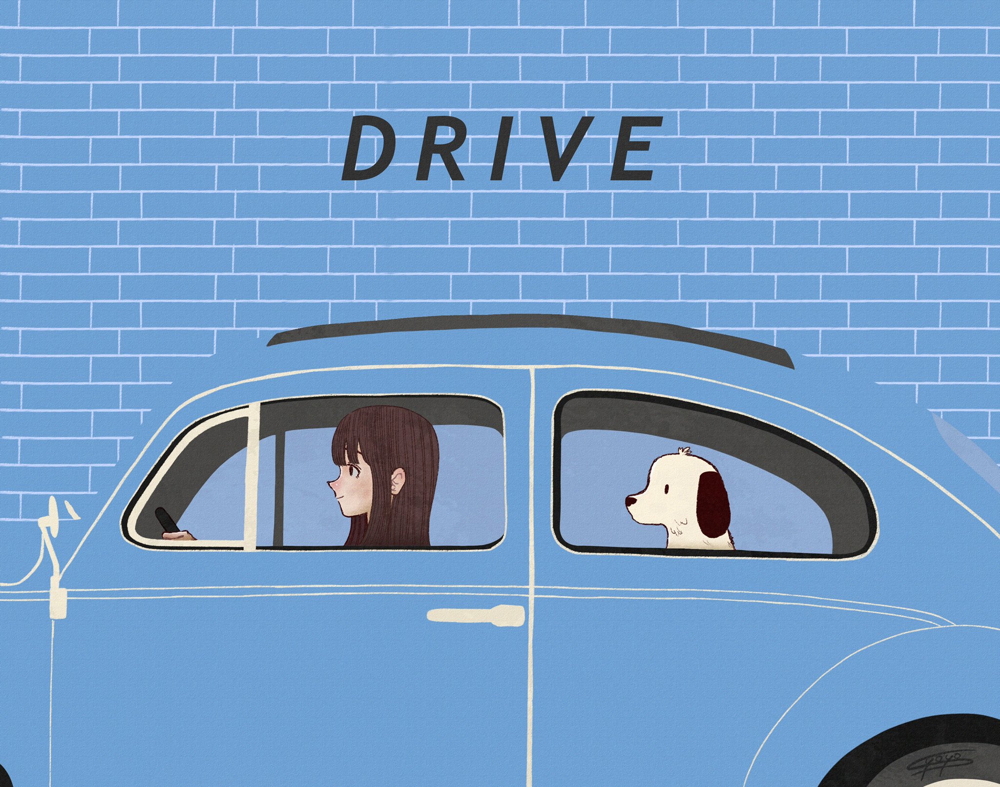The Big ImageBoard (TBIB) - 1girl blending blue background blue car brick wall brown hair car ...