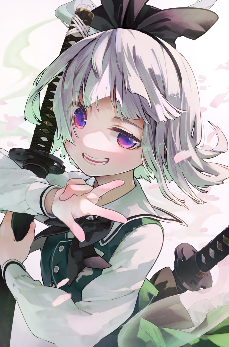 The Big ImageBoard (TBIB) - 1girl alternate eye color blunt bangs flat chest grey hair grin half ...