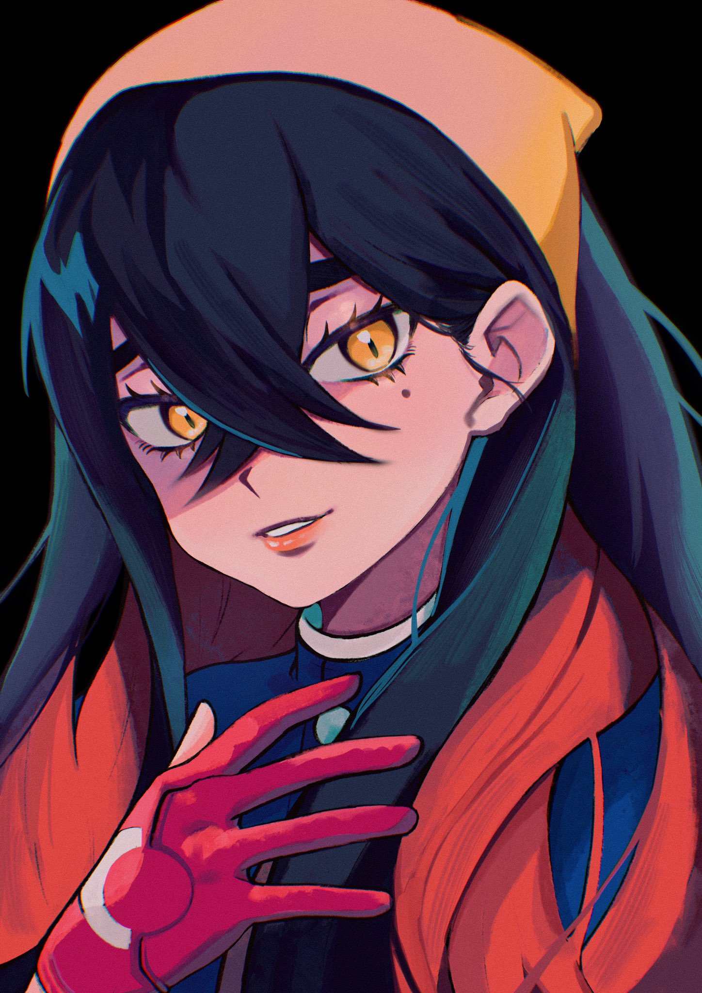 The Big ImageBoard (TBIB) - 1girl black background black hair blue jacket buttons carmine ...