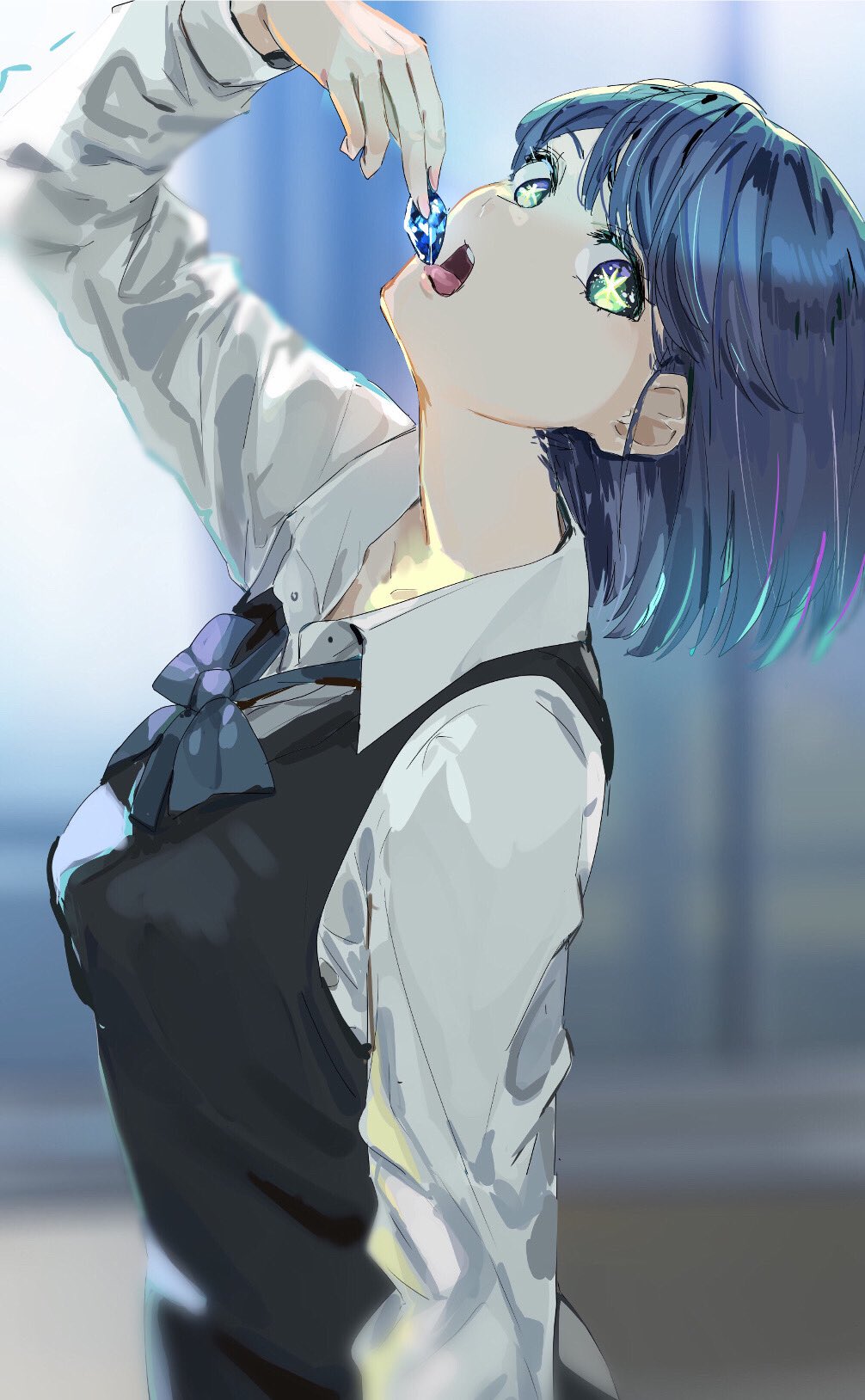 The Big ImageBoard (TBIB) - 1girl black sweater vest blue bow blue bowtie blue gemstone blue ...