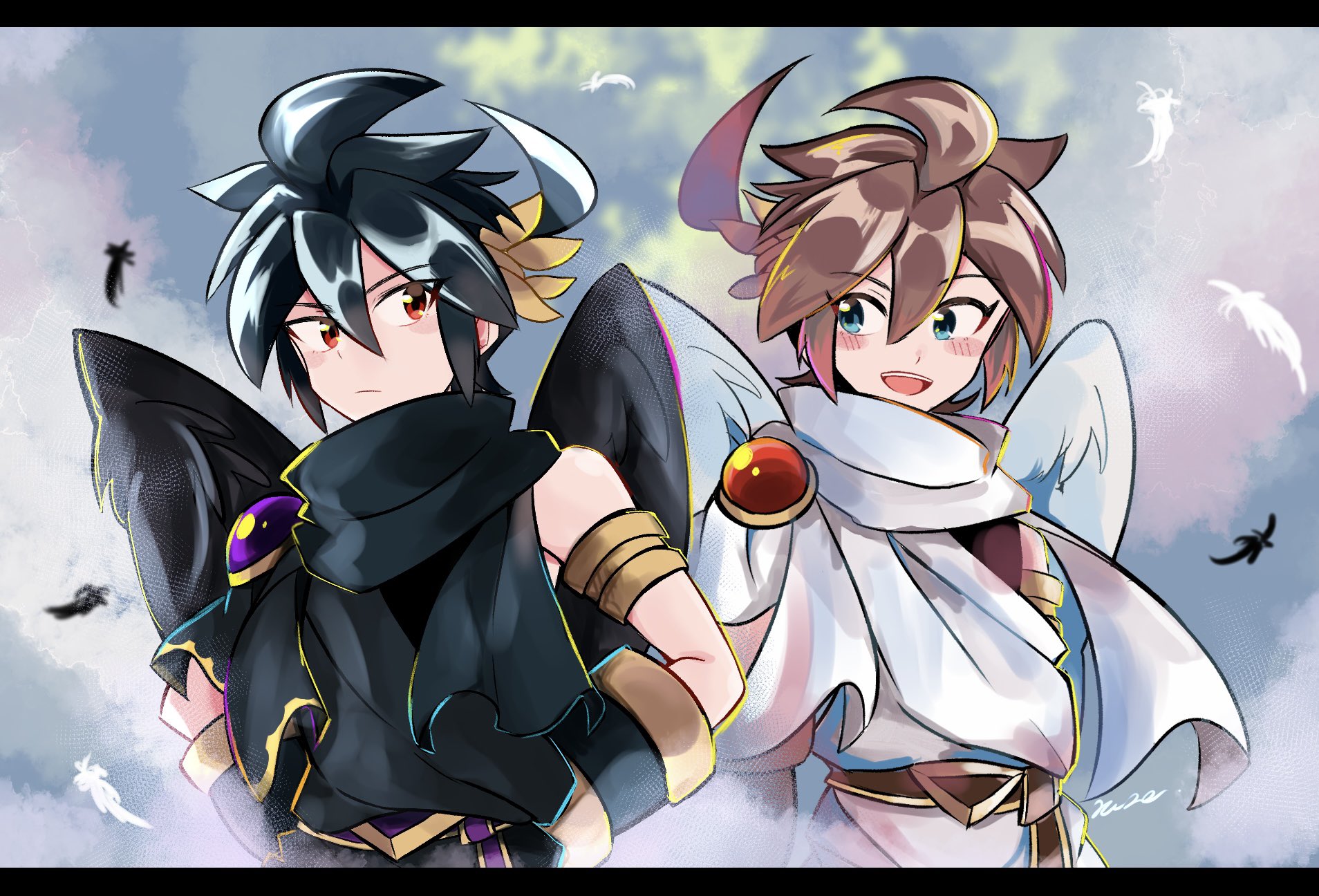 The Big ImageBoard (TBIB) - 2boys ahoge angel angel wings armlet belt black hair blue eyes blush ...
