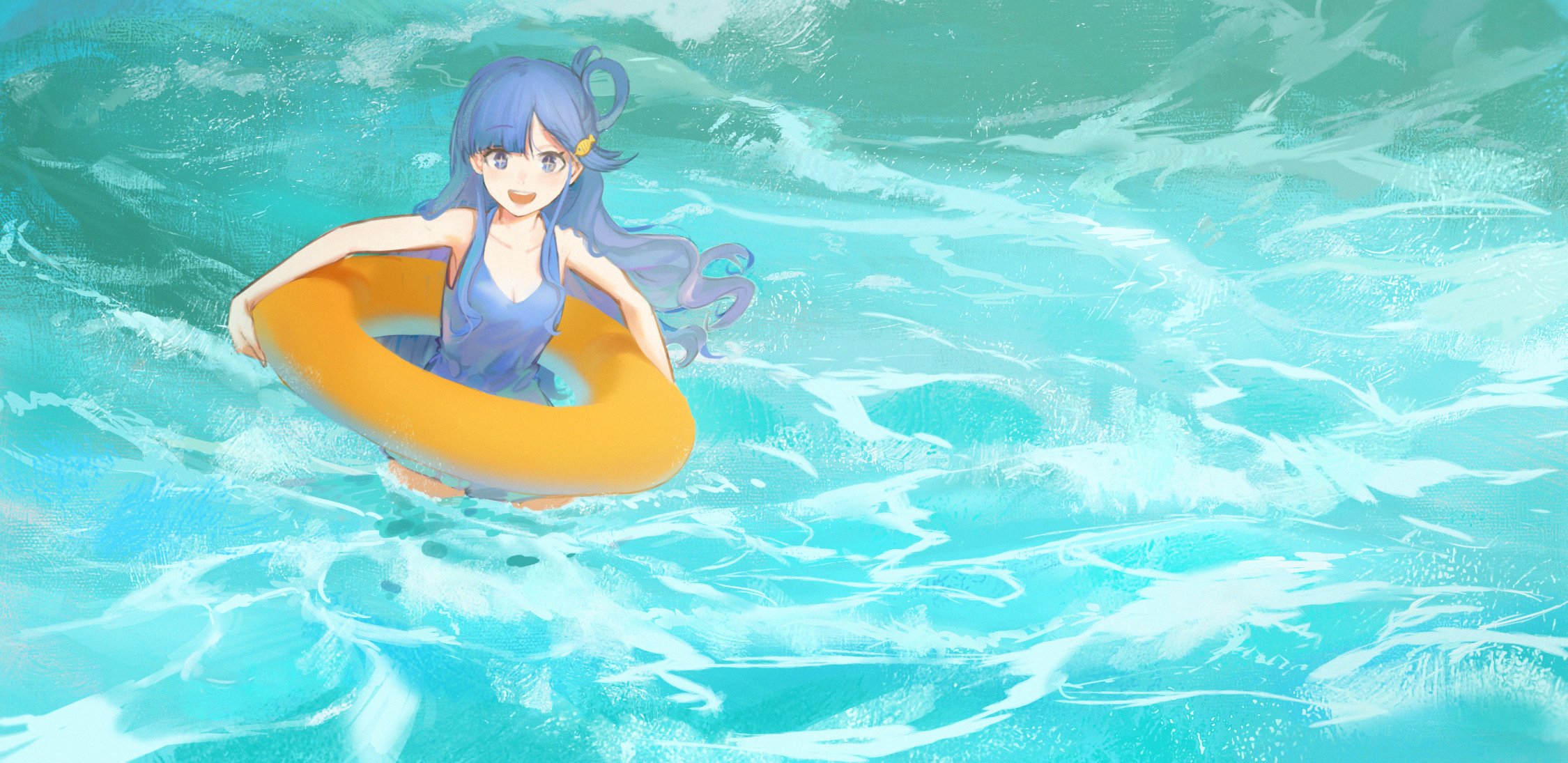 The Big ImageBoard (TBIB) - 1girl asari nanami blue eyes blue hair blue one-piece swimsuit blush ...