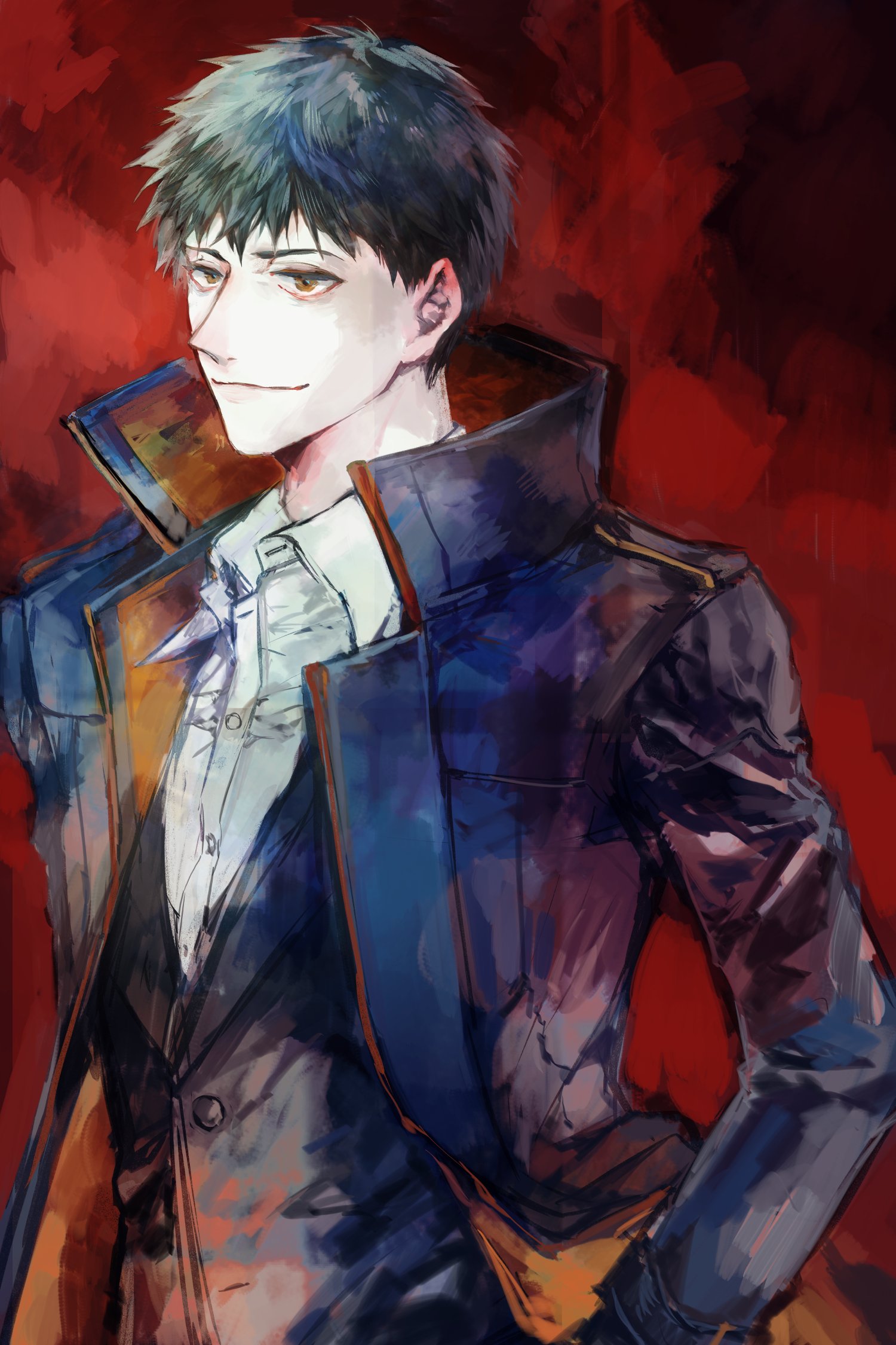 The Big ImageBoard (TBIB) - 1boy bags under eyes black coat black vest brown eyes buttons coat ...