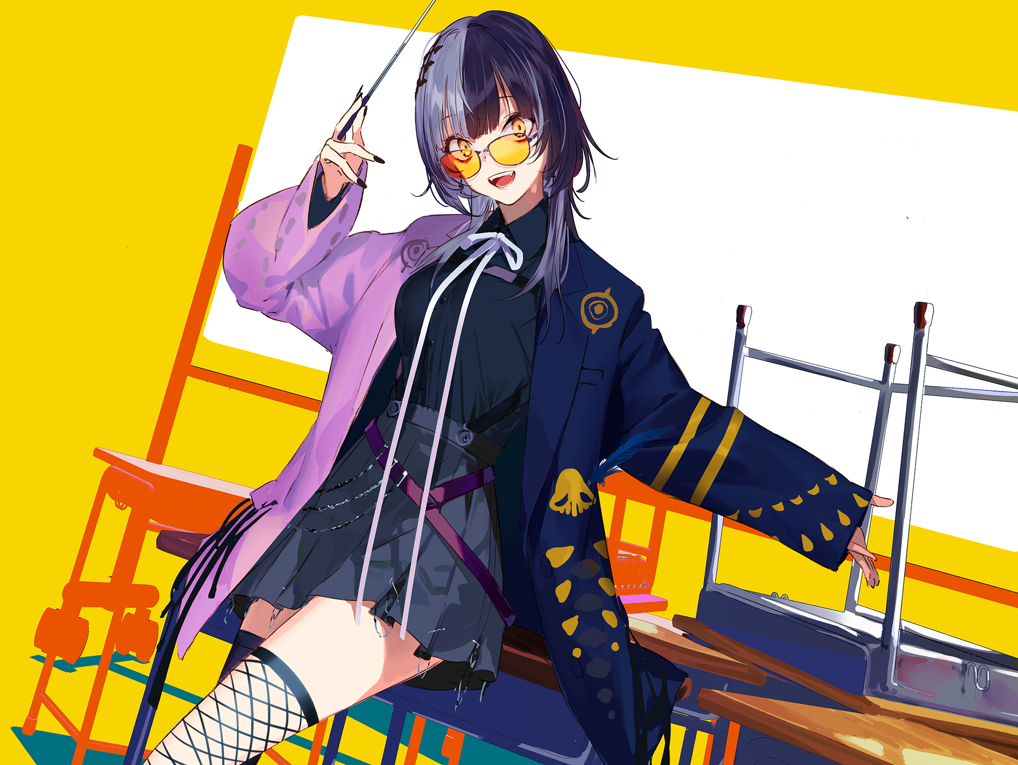 The Big ImageBoard (TBIB) - 1girl blazer blue jacket classroom desk feet out of frame fishnet ...