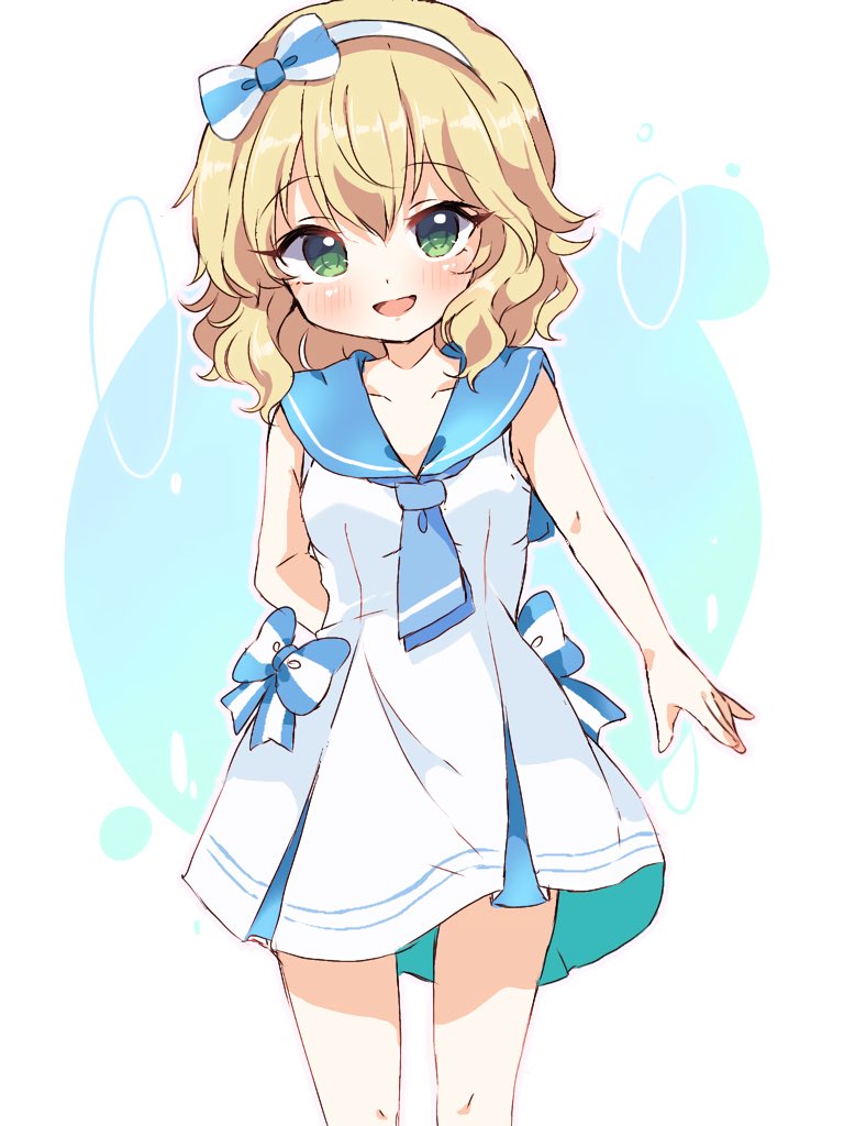 The Big ImageBoard (TBIB) - 1girl arm behind back blonde hair blue background blue bow blue ...