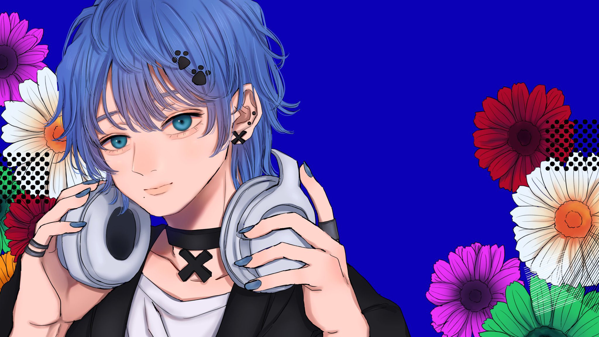 The Big ImageBoard (TBIB) - 1boy aegyo sal black choker black shirt blue background blue eyes ...