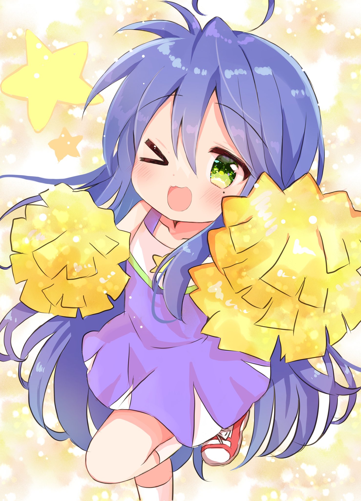 The Big Imageboard Tbib 1girl Blue Hair Blush Cheerleader Green