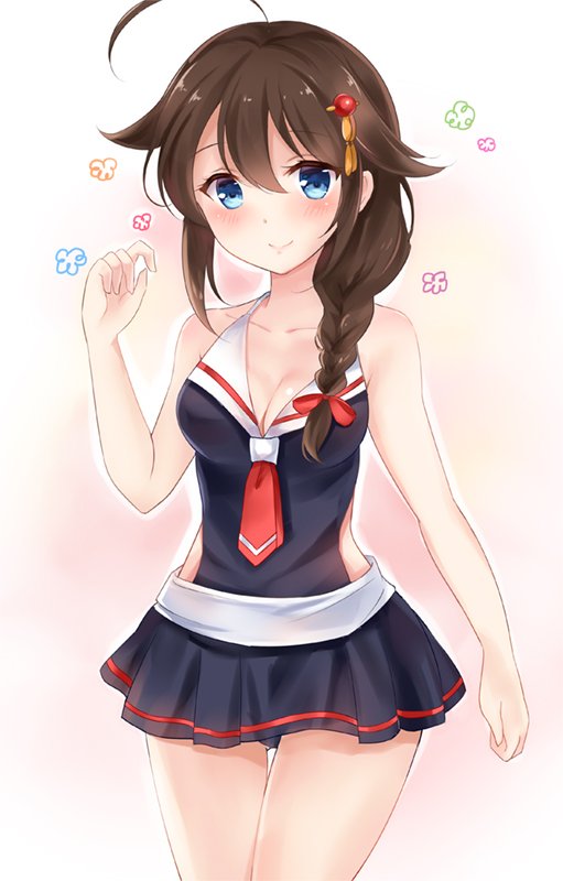 The Big ImageBoard (TBIB) - 1girl adapted costume ahoge black hair black skirt black swimsuit ...