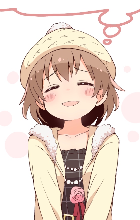 The Big ImageBoard (TBIB) - 1girl bangs beanie black dress blush stickers brown hair brown hat ...