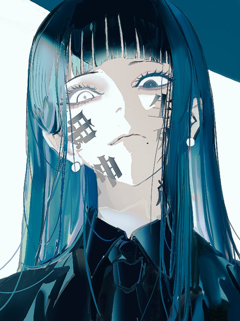 The Big ImageBoard (TBIB) - 1girl black eyes black necktie black shirt blue hair blunt bangs ...