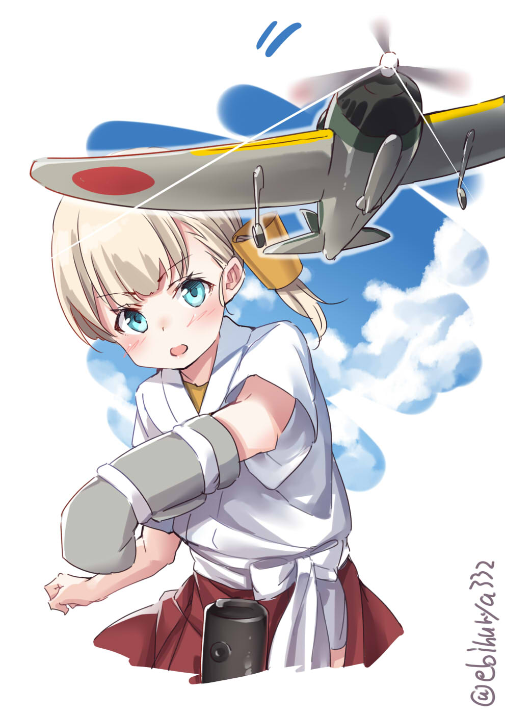 The Big ImageBoard (TBIB) - 1girl aircraft airplane blonde hair blue eyes blue sky blush cloud ...
