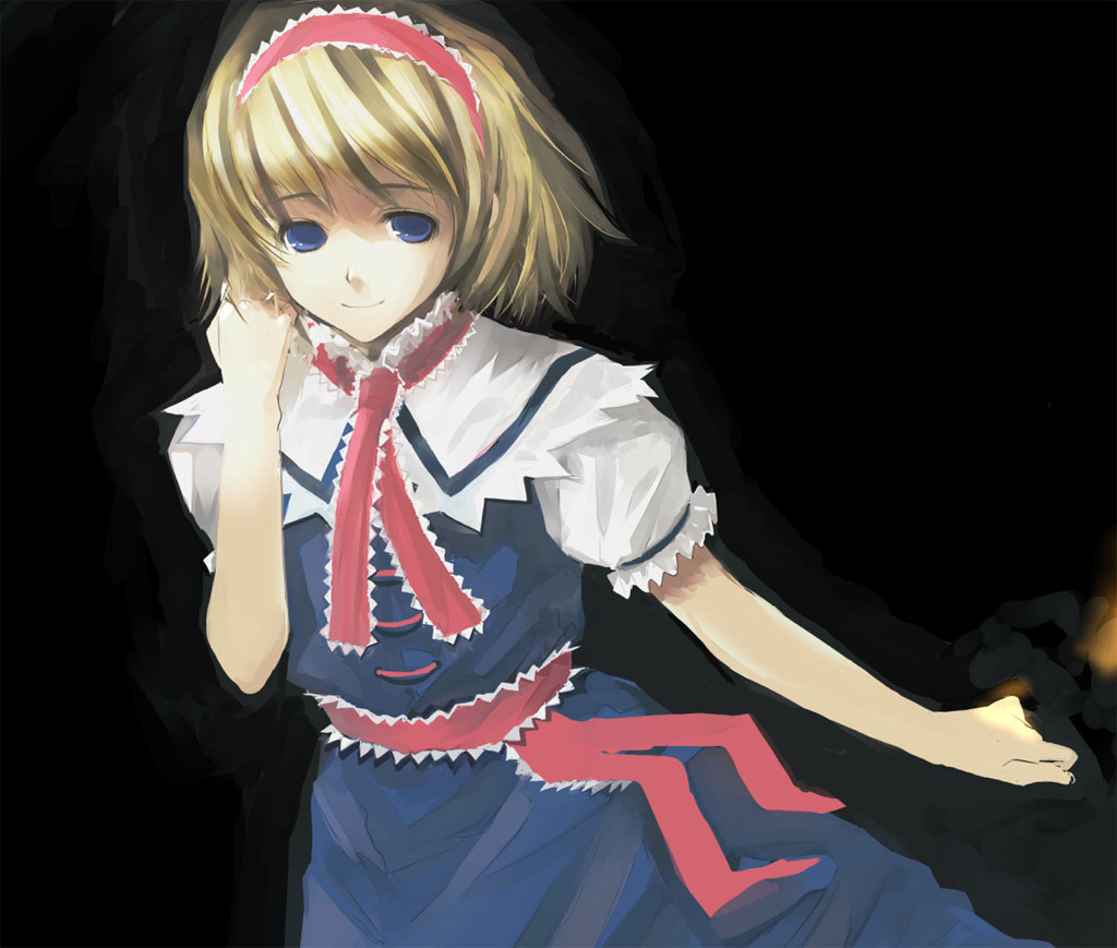 The Big ImageBoard (TBIB) - adjusting hair alice margatroid black background blonde hair blue ...