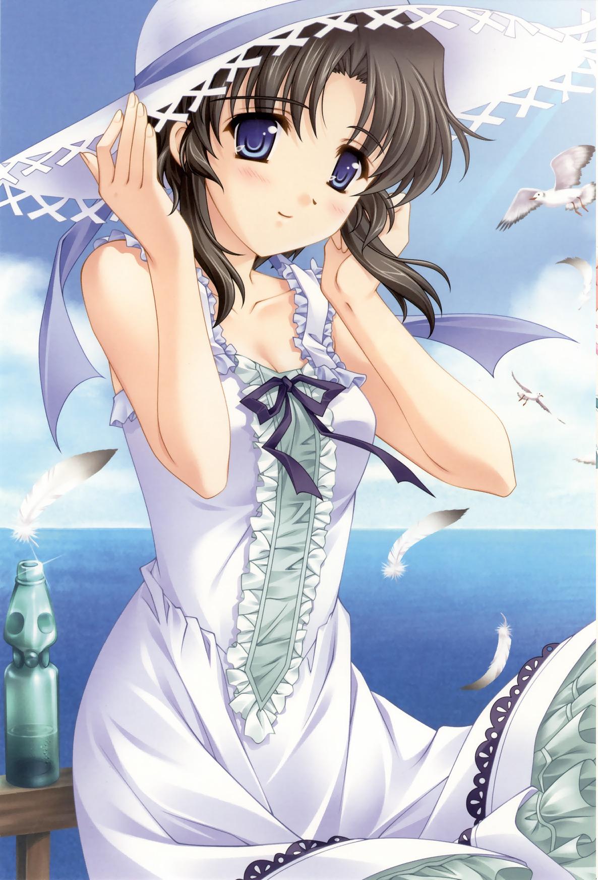 The Big ImageBoard (TBIB) - 1girl artist request beach bird blush bottle day dress feathers ...