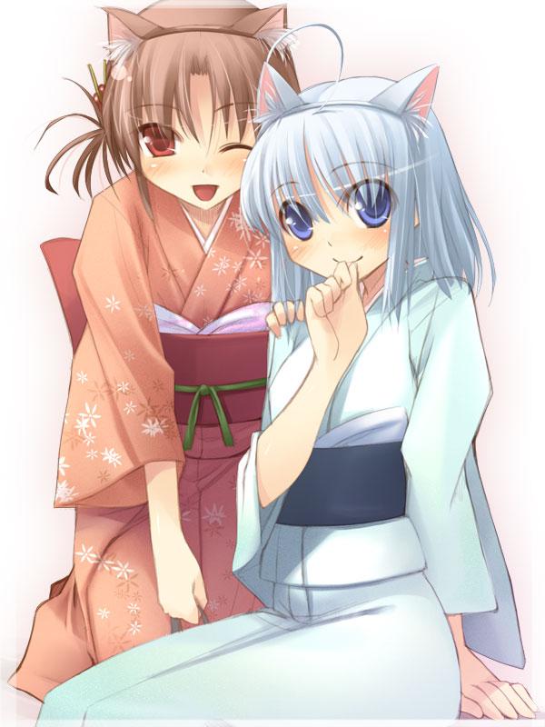 The Big ImageBoard (TBIB) - animal ears blue hair blush brown hair cat ...