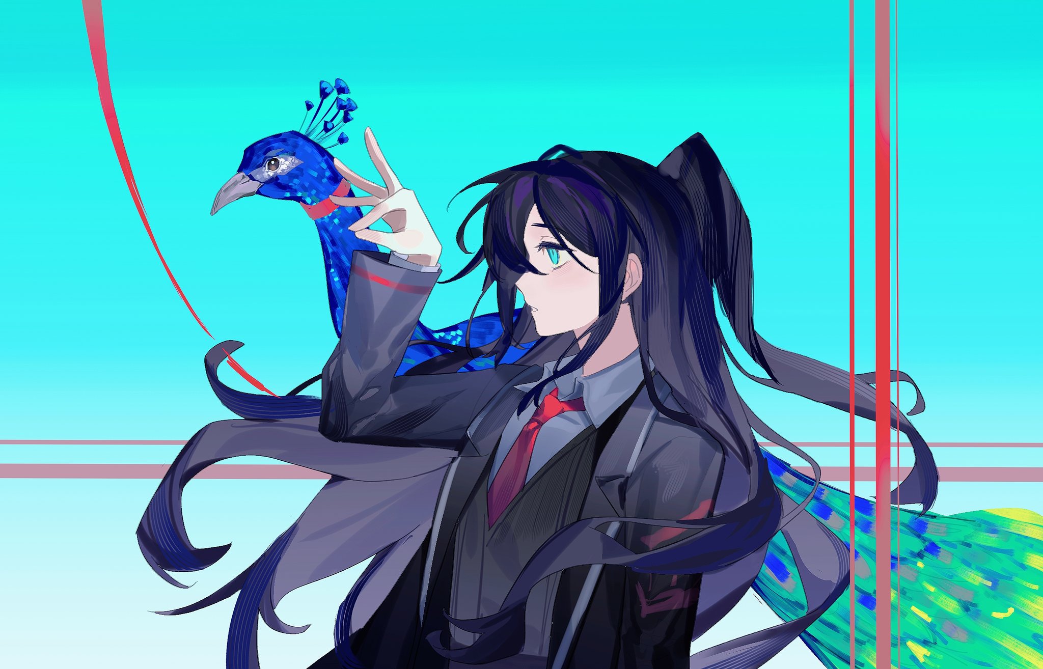 The Big ImageBoard (TBIB) - 1boy aqua background aqua eyes bird black coat black vest blue hair ...