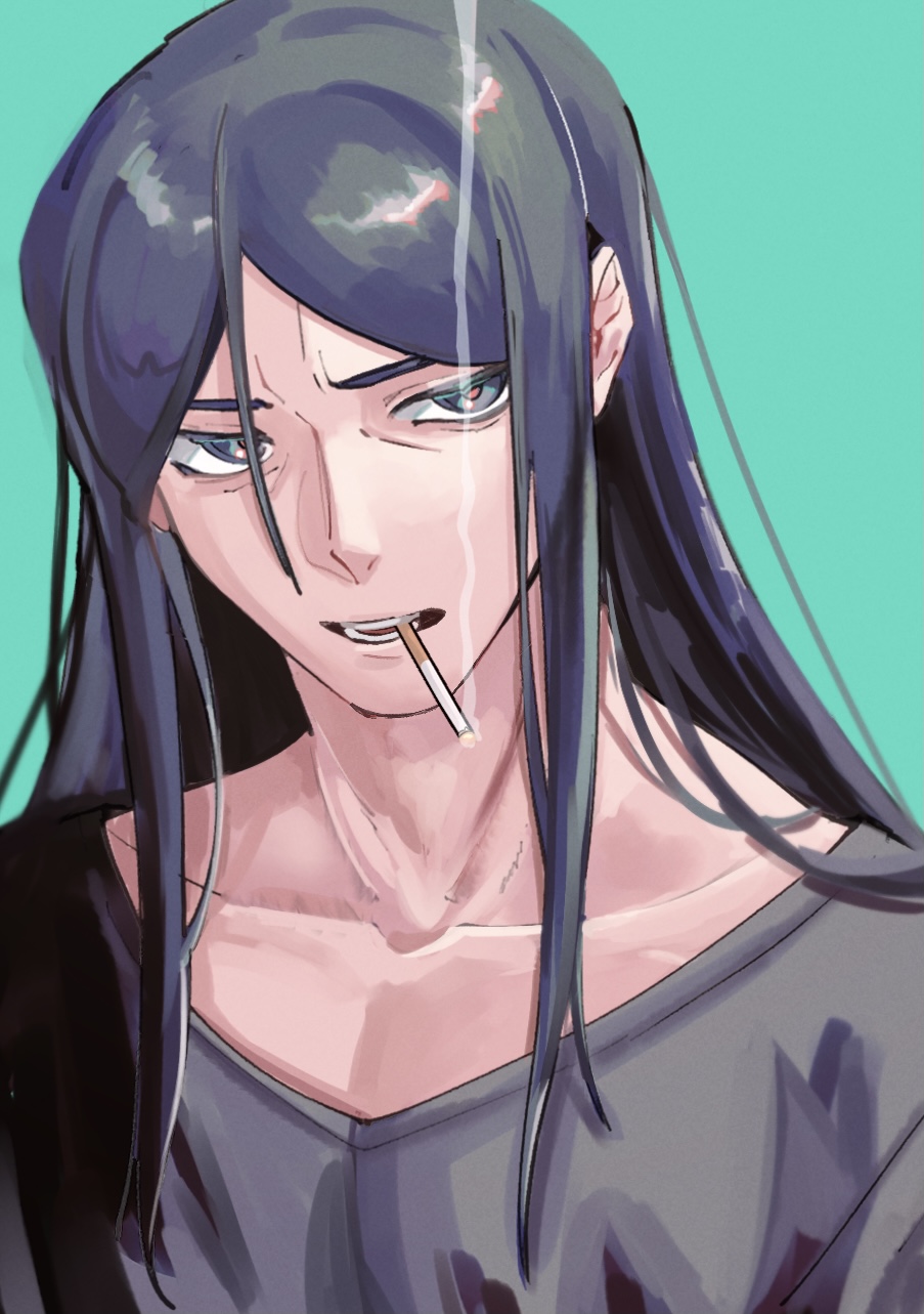 The Big ImageBoard (TBIB) - 1boy bags under eyes black hair black shirt blue background ...