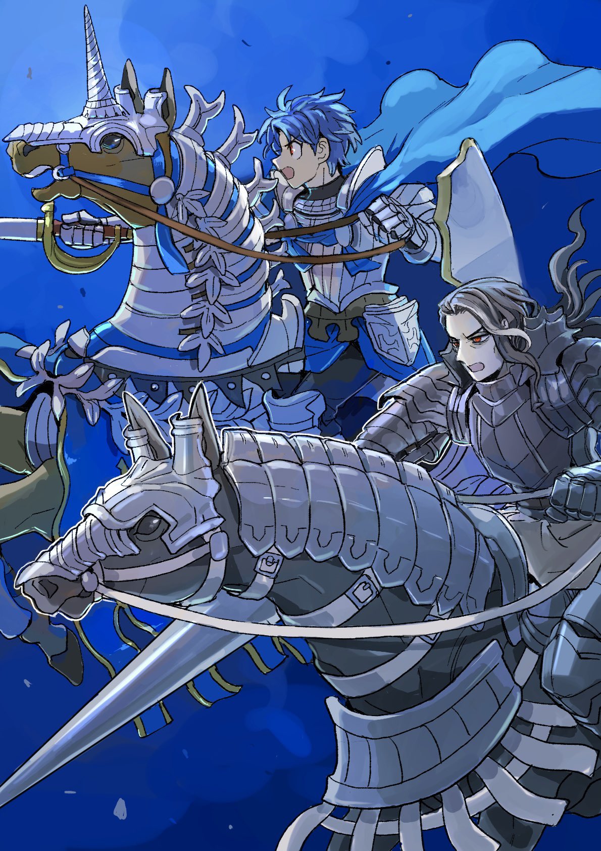 The Big ImageBoard (TBIB) - 2boys alain (unicorn overlord) armor barding blue background blue ...