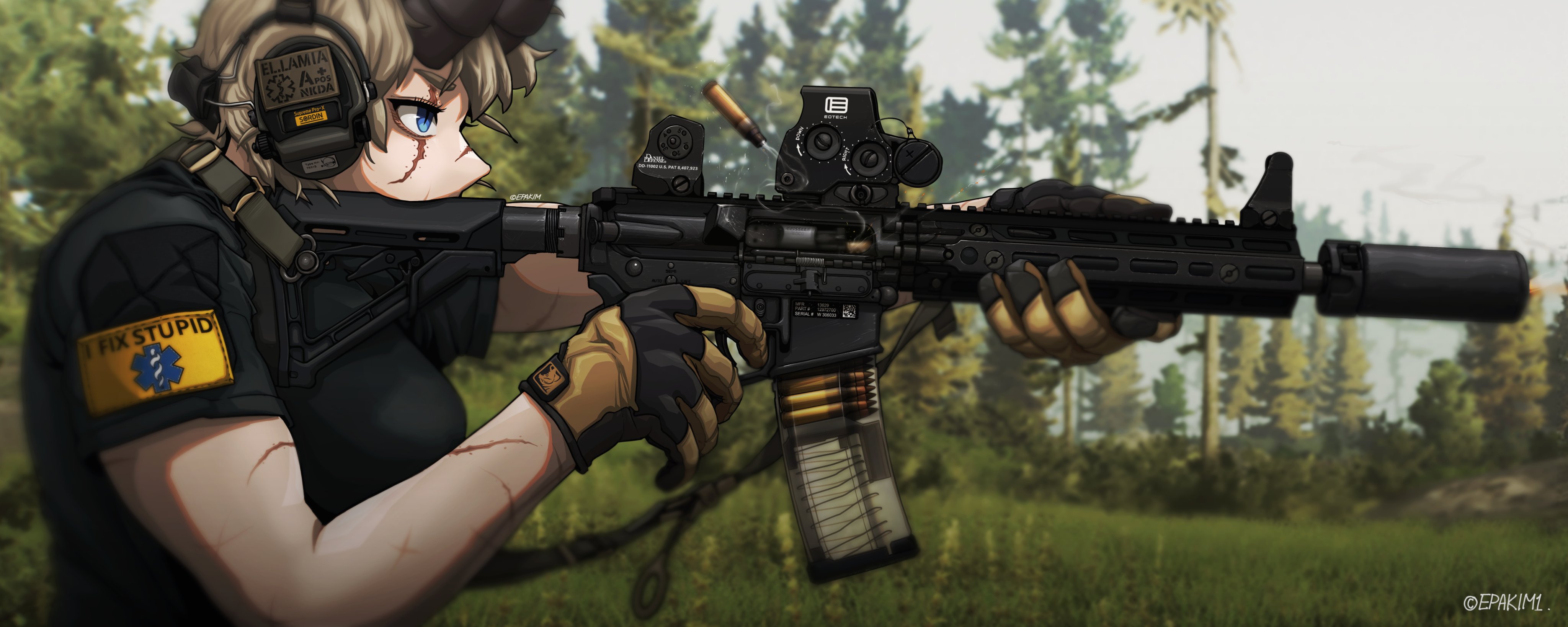 The Big ImageBoard (TBIB) - 1girl absurdres assault rifle blue eyes epakim forest gloves gun h&k ...
