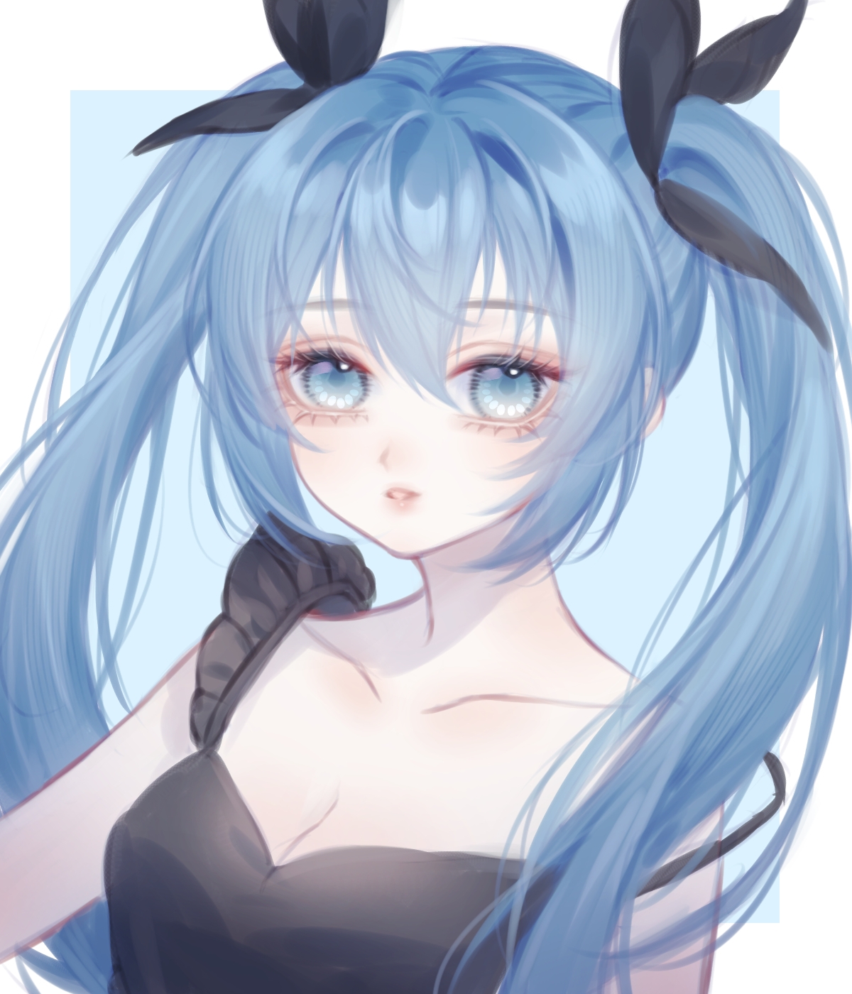 The Big ImageBoard (TBIB) - 1girl bare shoulders black bow black dress blue background blue eyes ...