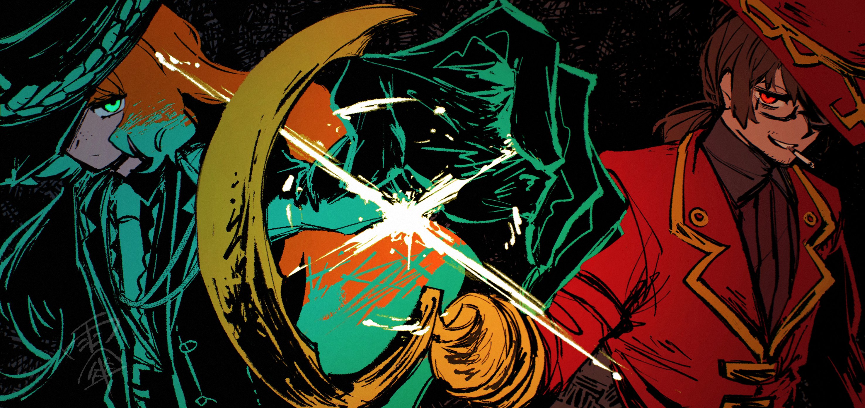 The Big ImageBoard (TBIB) - 1boy 1girl aiguillette aqua eyes aqua hair black background black ...