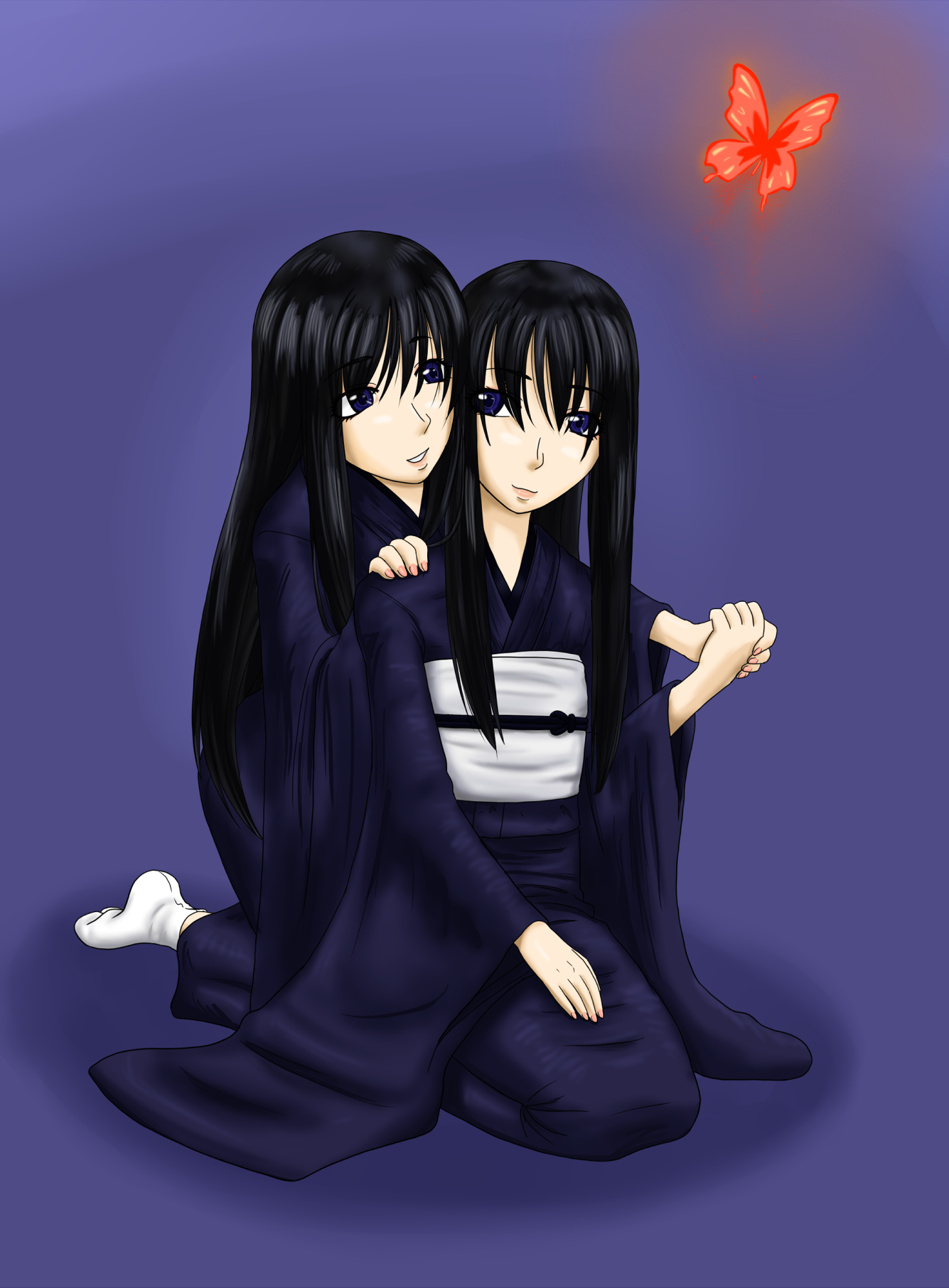 The Big Imageboard Tbib 2girls Black Hair Blue Eyes Bug Butterfly