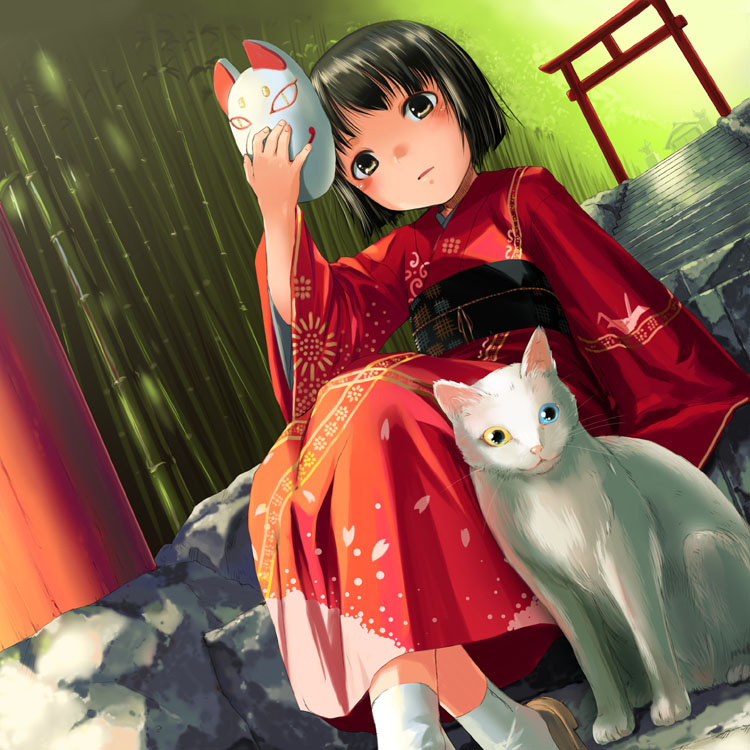 The Big ImageBoard (TBIB) - 1girl animal arm at side bamboo bamboo forest black eyes black hair ...