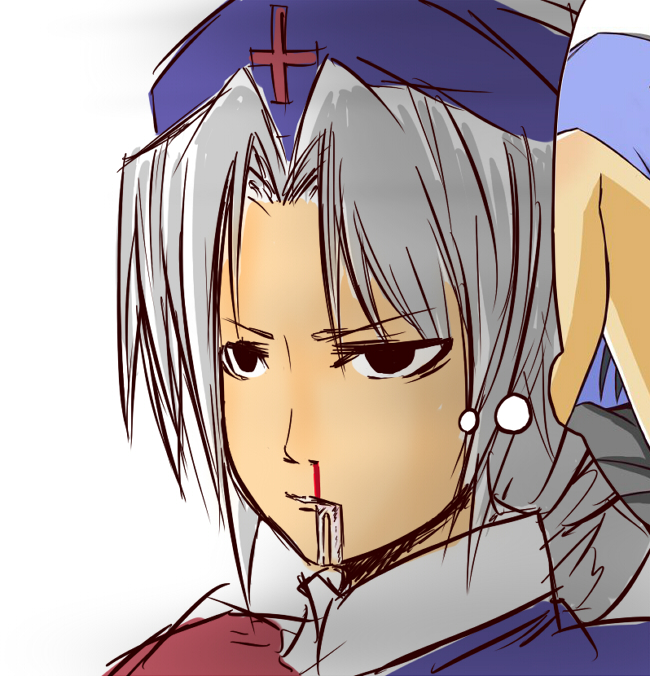 The Big ImageBoard (TBIB) - 1girl blood commentary request grey hair hat long hair nosebleed ...