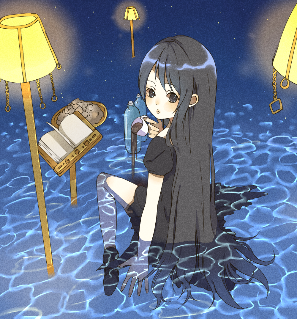 The Big ImageBoard (TBIB) - black dress black eyes black hair book cup dress female lamp long ...