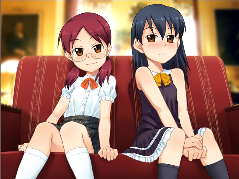 The Big ImageBoard (TBIB) - 2girls black hair bow freckles megane pettanko red hair sol-fa-soft ...