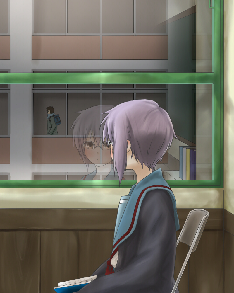 The Big ImageBoard (TBIB) - 1girl bad id bad pixiv id bag blush book cardigan chair glasses ...