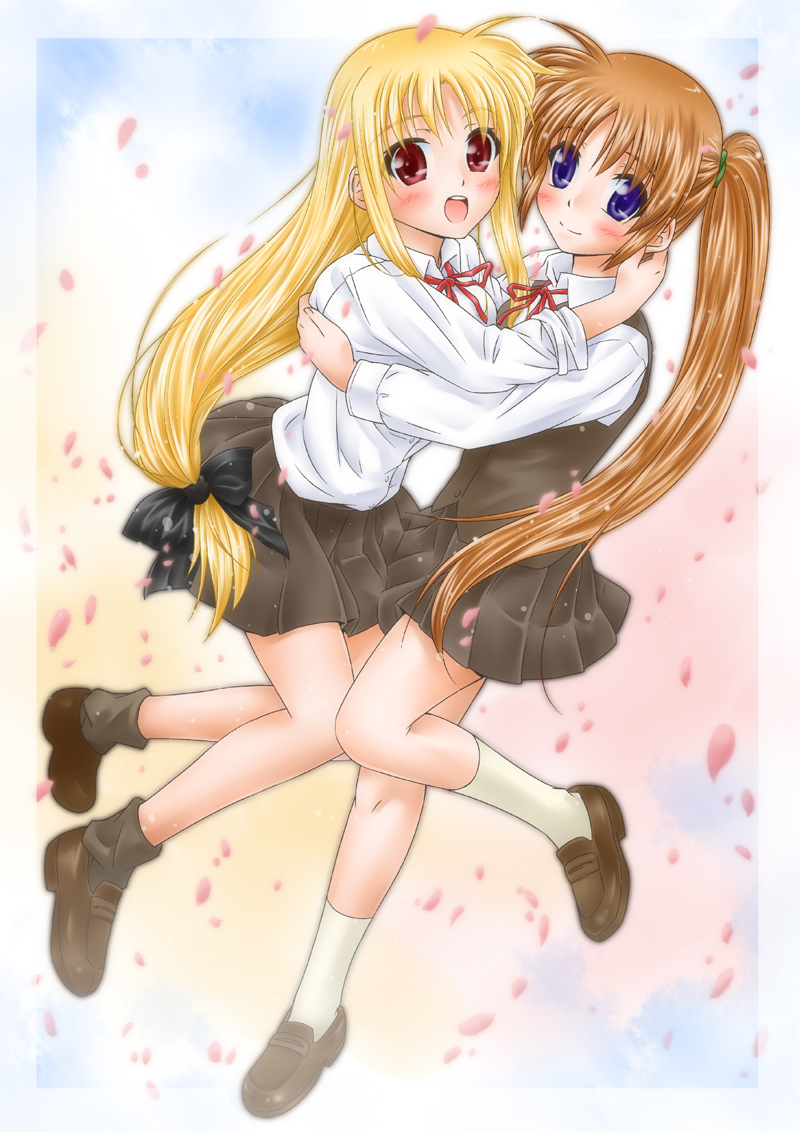 The Big ImageBoard (TBIB) - 2girls black socks blonde hair blue eyes blush bow brown hair ...