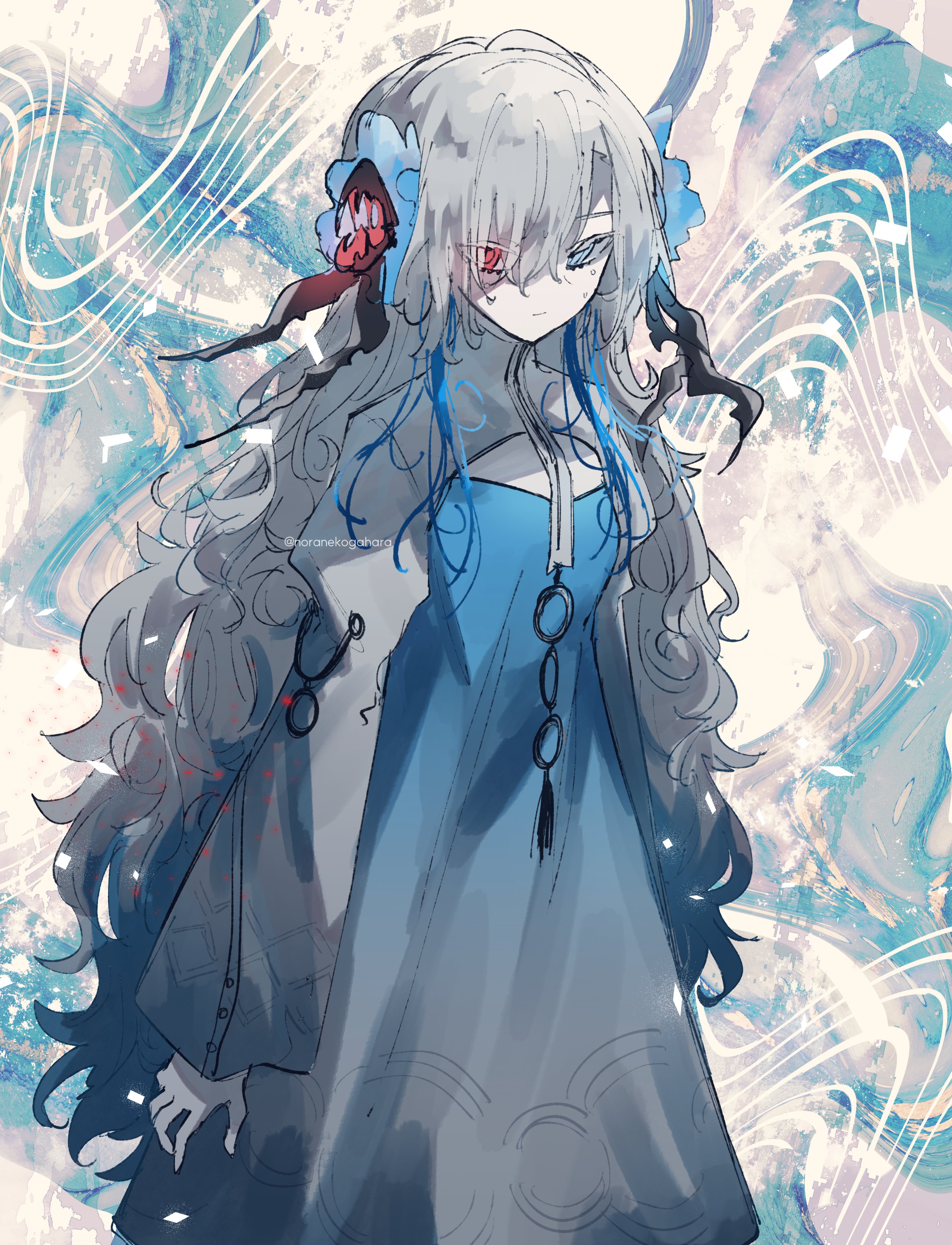 The Big ImageBoard (TBIB) - 1girl abstract background absurdres arms at sides blue background ...